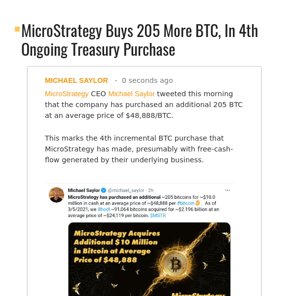 MicroStrategy Buys 205 More BTC, In 4th Ongoing Treasury Purchase ...